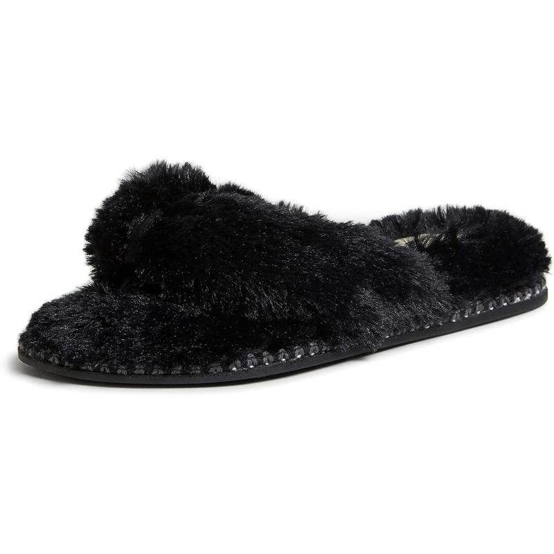Dearfoams Women’s Marie Furry Thong Slipper(Black) - Dearfoams Footwear