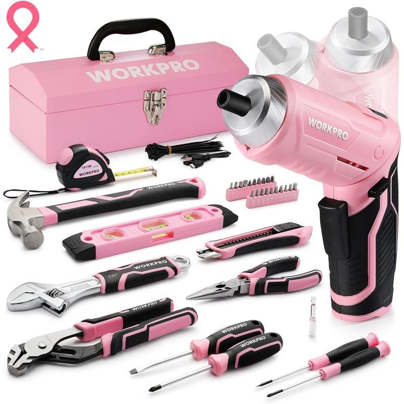 WORKPRO 75-Piece Pink Tools Set, 3.7V Rotatable Cordless Screwdriver ...
