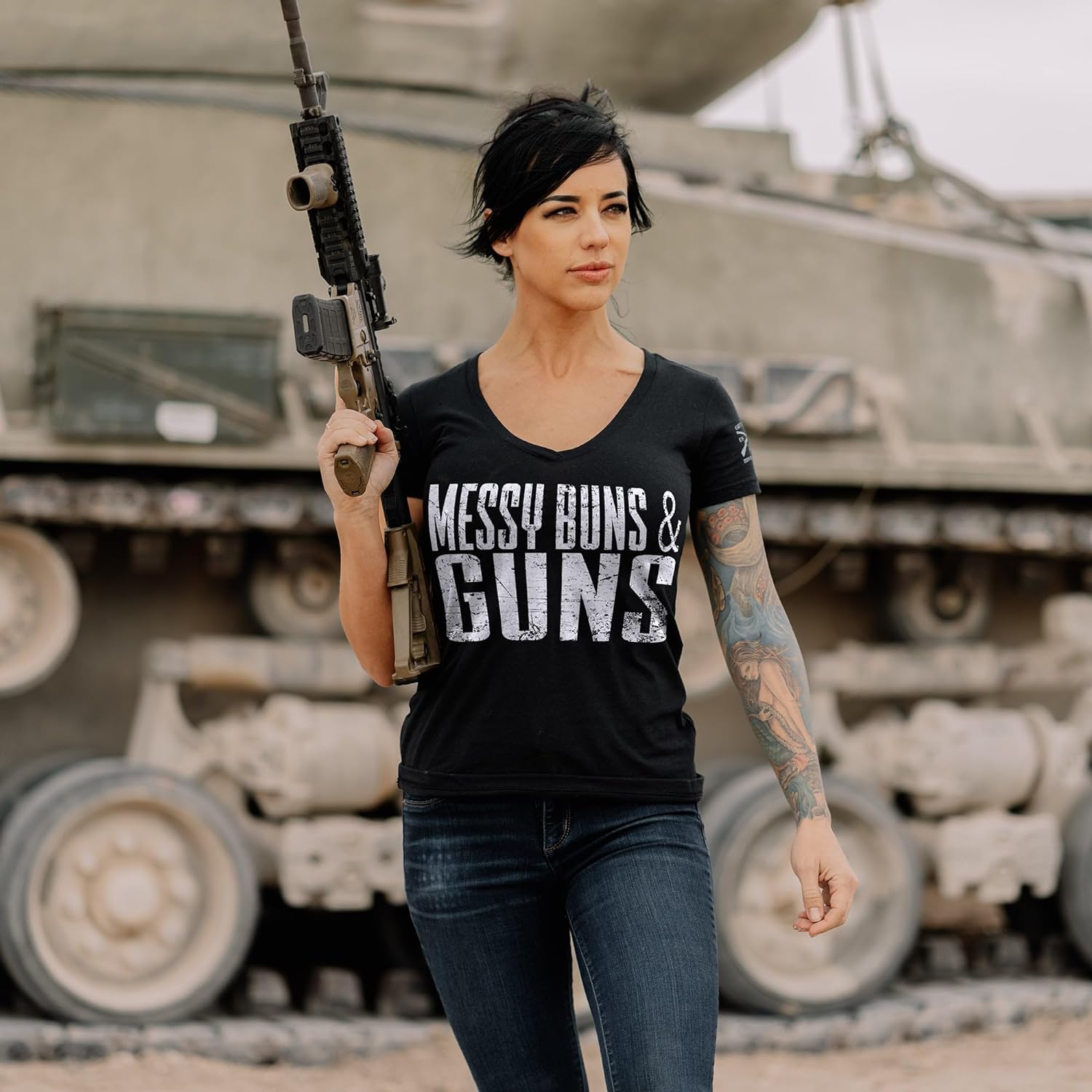 Messy Buns & Guns Women’s V-Neck T-Shirt(Black) - Grunt Style