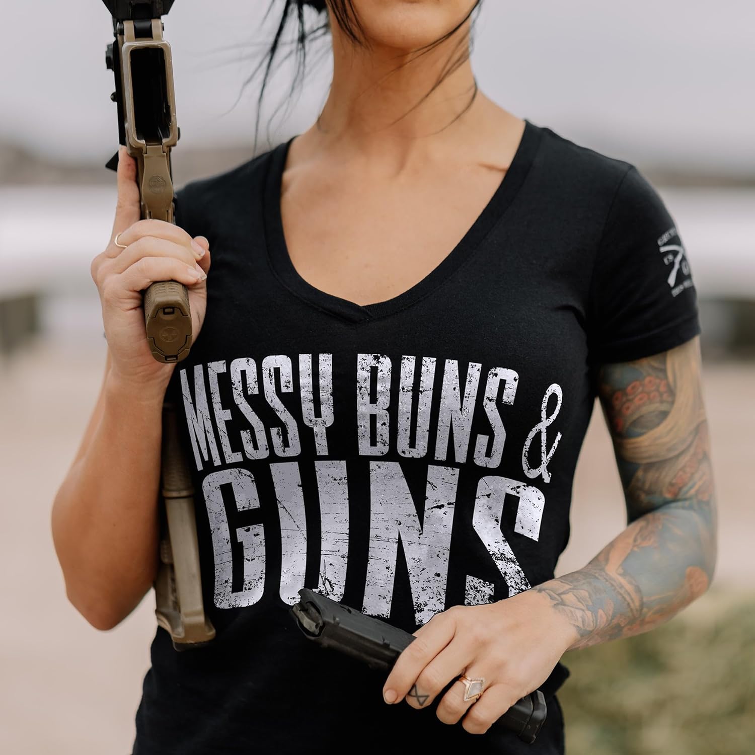 Messy Buns & Guns Women’s V-Neck T-Shirt(Black) - Grunt Style